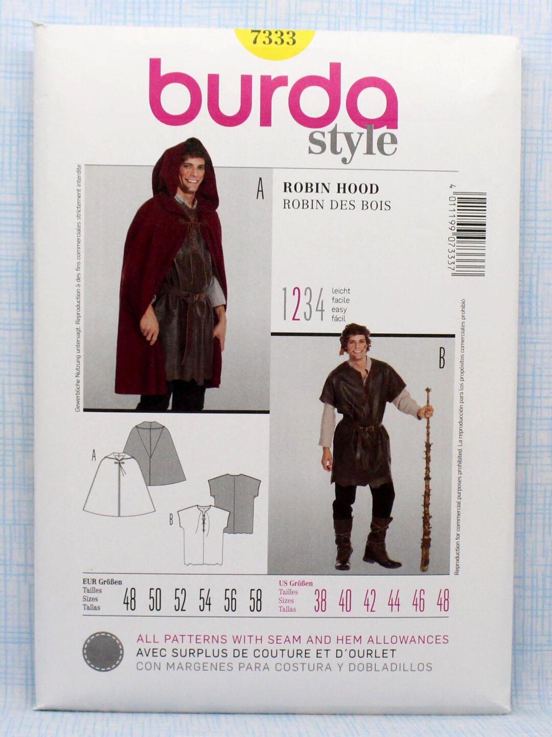 Burda Sewing Pattern 7333, Men's Robin Hood Cape and Tunic Costume ...