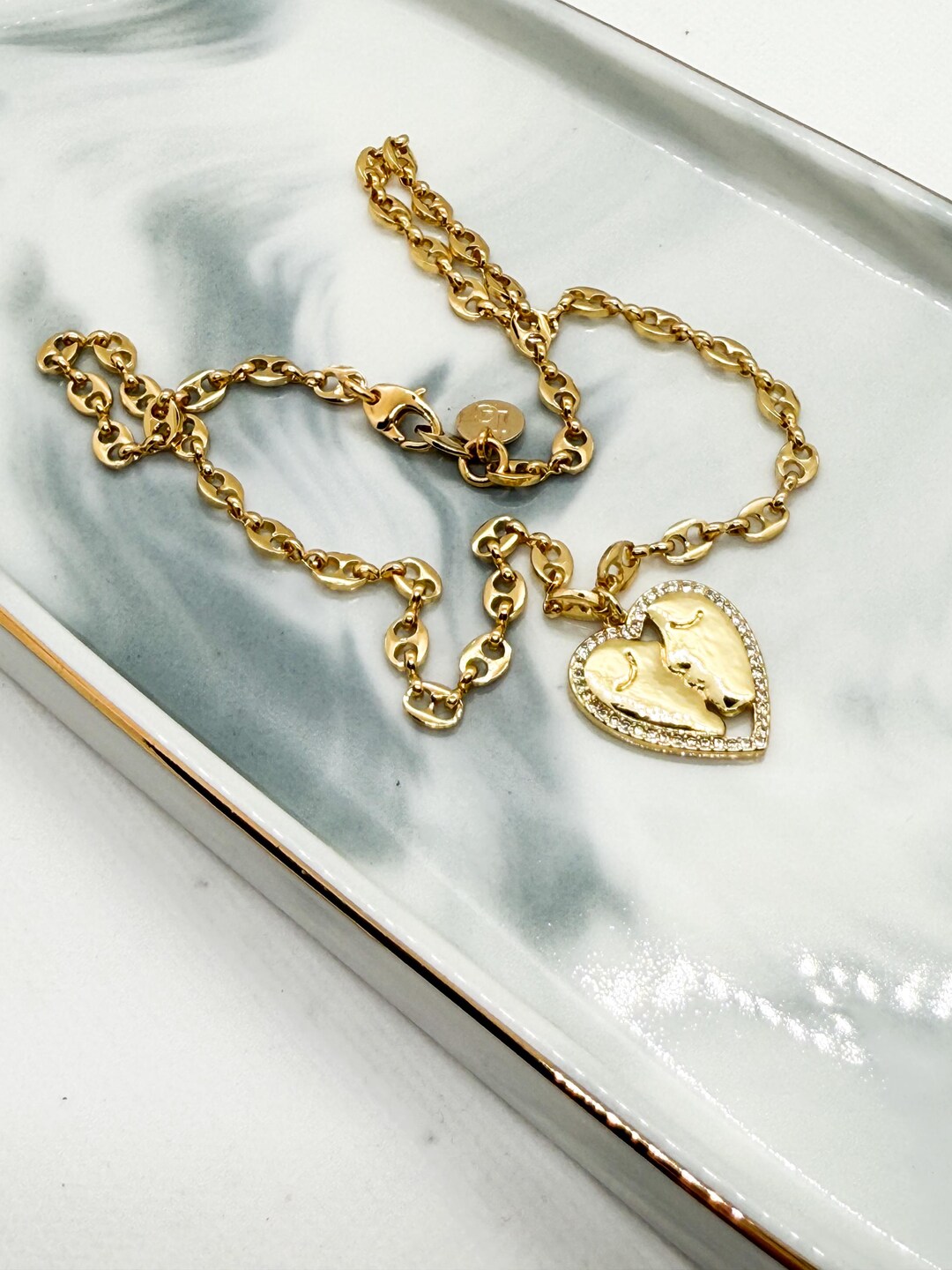 Gold Necklace With Sweet Kissing Face Heart: Coffee Bean Link Chain ...