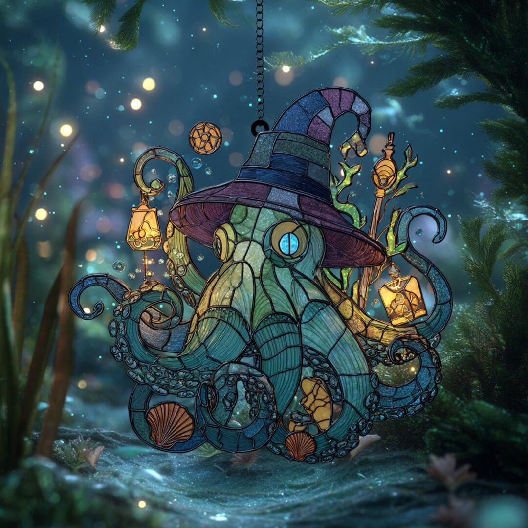 Wizard Octopus Acrylic Suncatcher | Stained Glass Style Sea Witch Decor ...