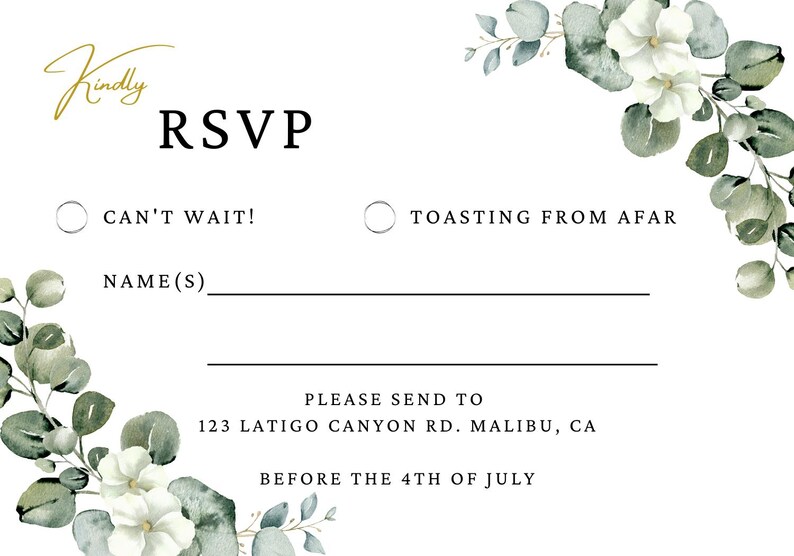 Eucalyptus & Gold Wedding Invitation Template, RSVP Card, Printable ...