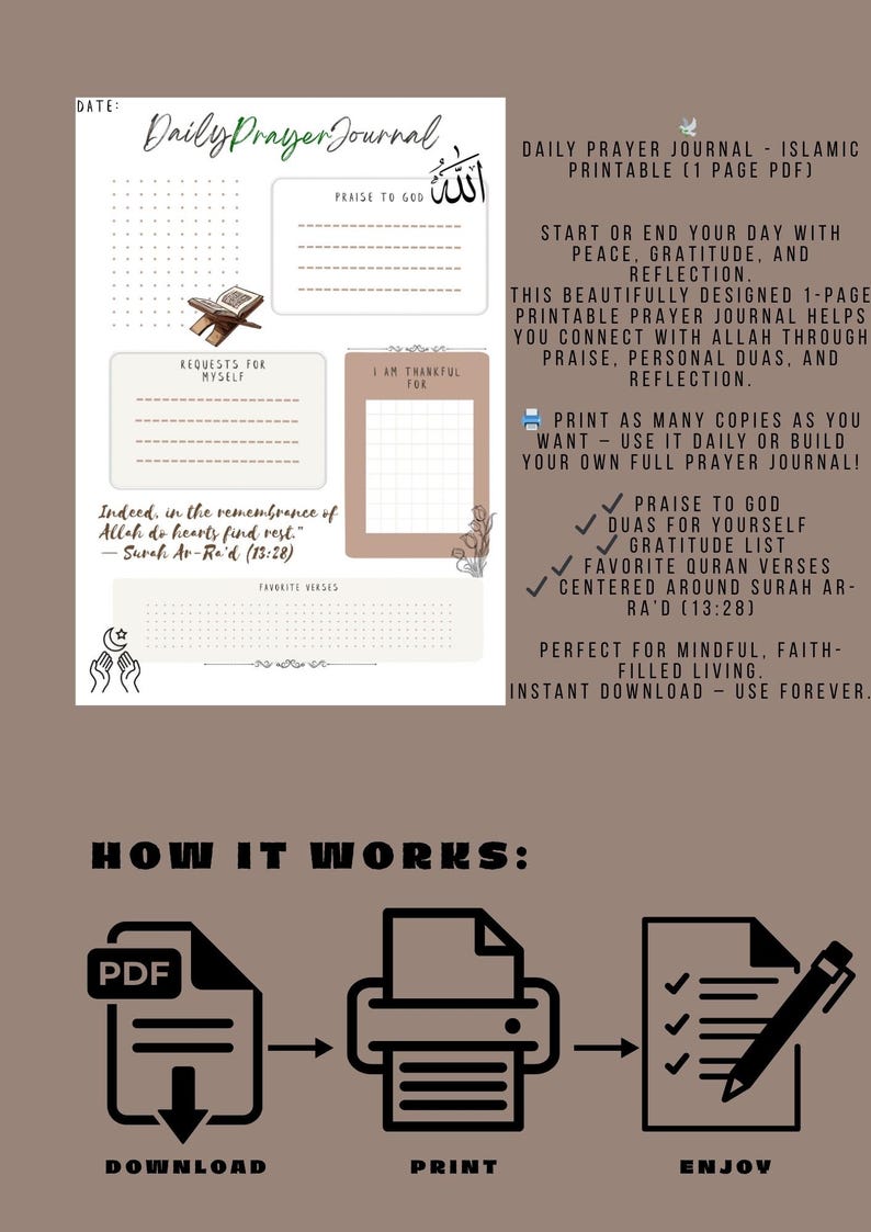 Daily Prayer Journal Page | Islamic Printable Dua Journal | 1 Page PDF ...