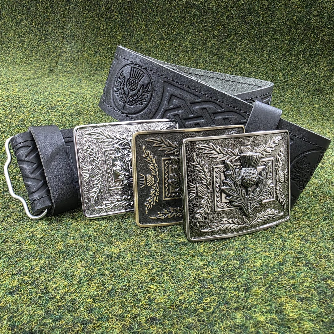 Scottish Kilt Belt With Buckle – Thistle Embossed Belt 2.25" Wide for 2 ...