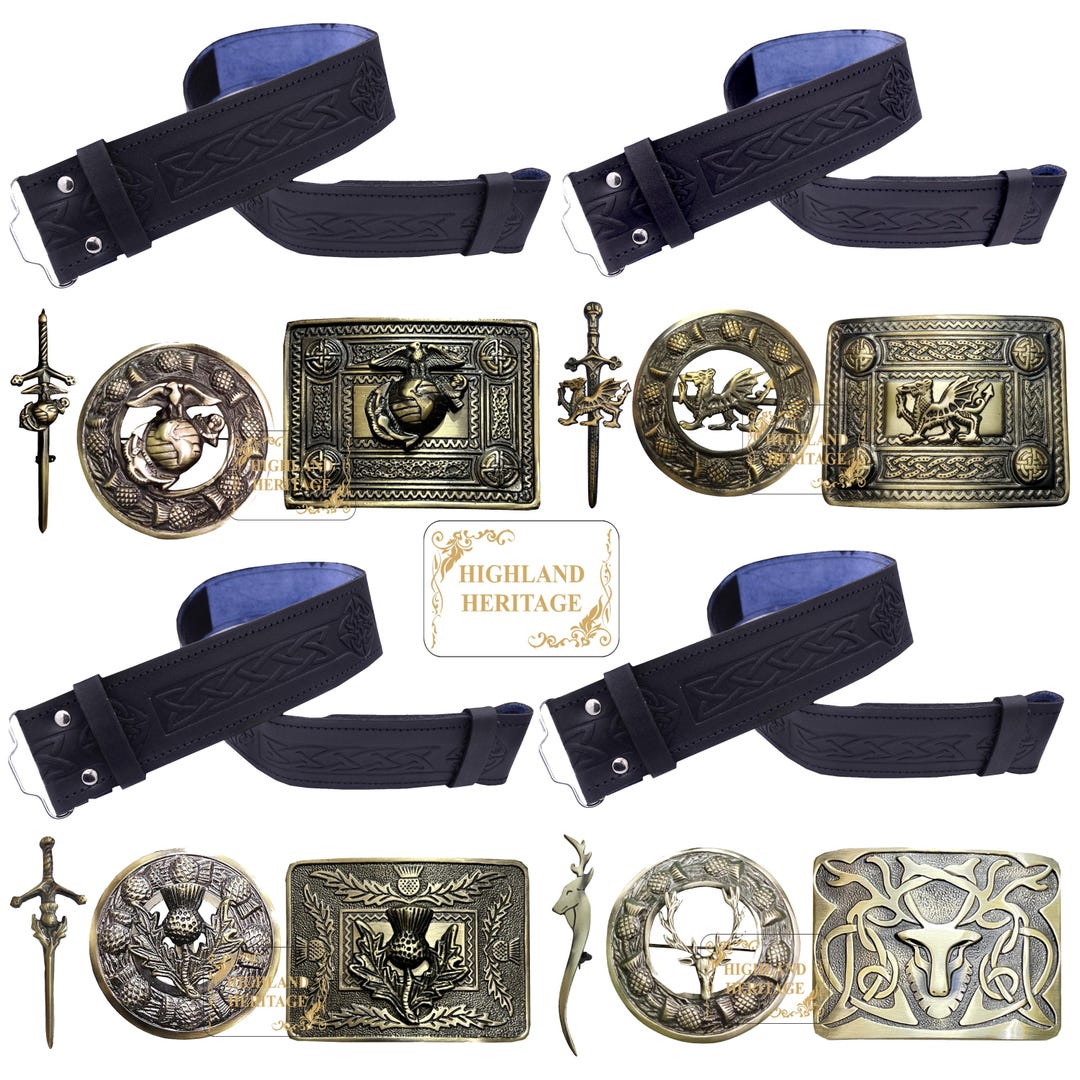Scottish Kilt Belt & Buckle Set – Celtic Embossed Leather Belt Black ...