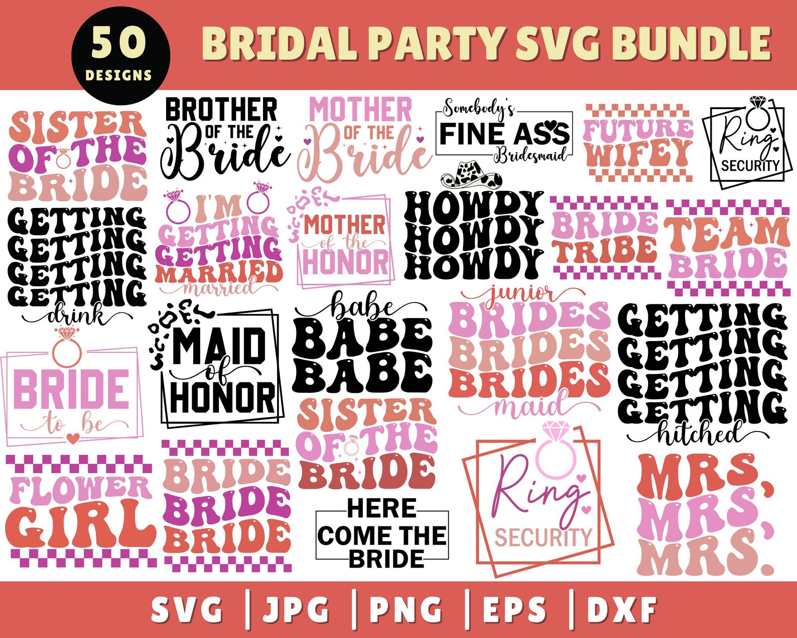 Bridal Party Svg Bundle, Retro Bride Svg, Wedding Svg, Bridesmaid Svg ...