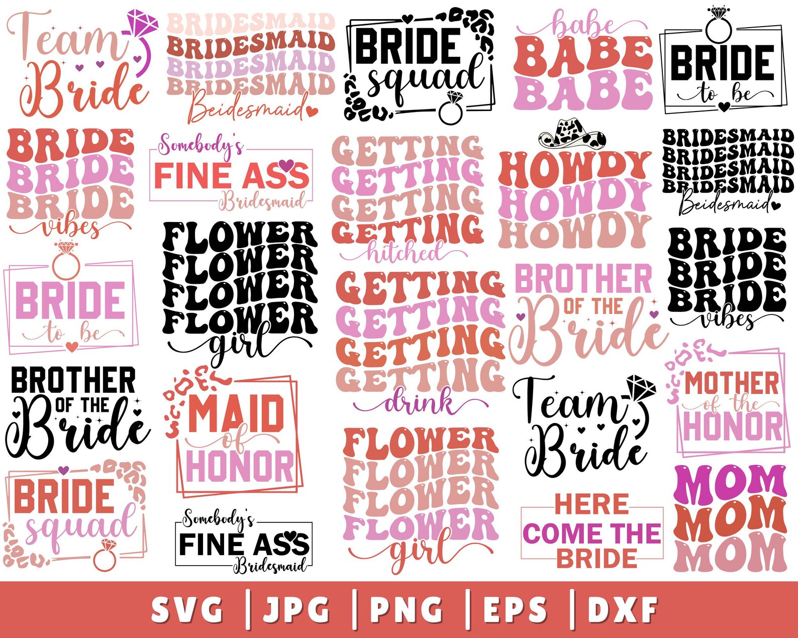 Bridal Party Svg Bundle, Retro Bride Svg, Wedding Svg, Bridesmaid Svg ...