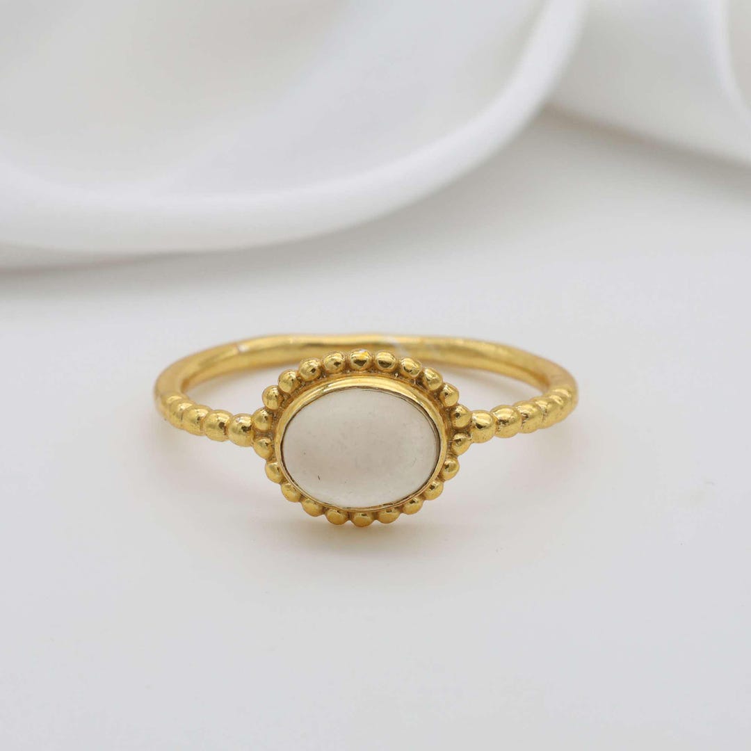 Moonstone Brass Ring, Dainty Boho Jewelry, Gold Plated Ring, Beaded ...