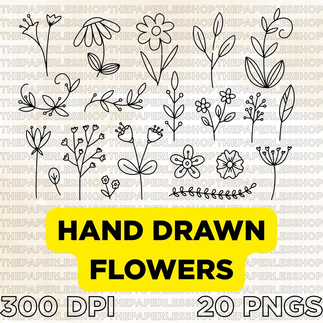 Hand Drawn Floral Clipart Bundle: PNG Line Art Doodles (digital ...