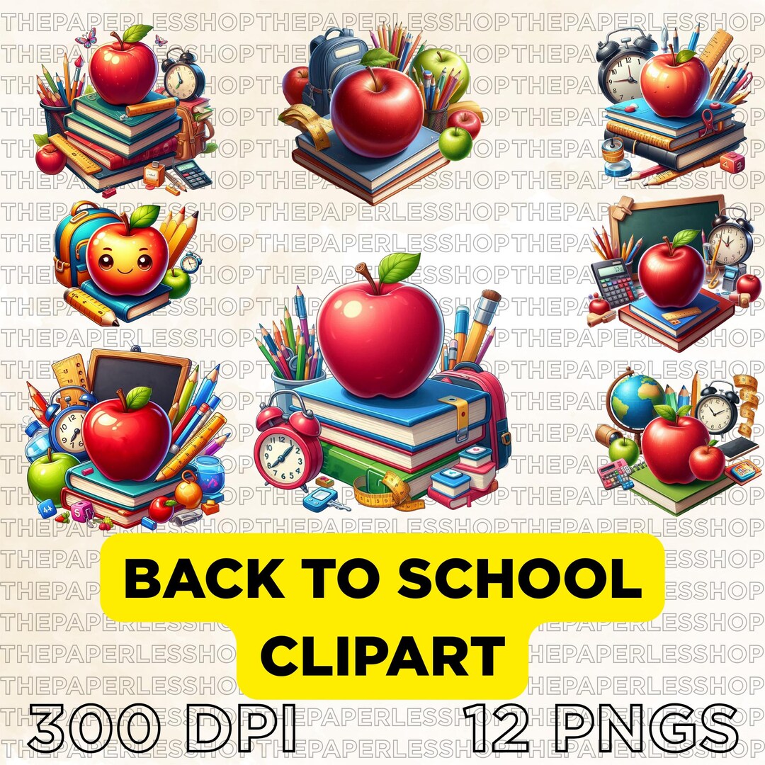 Back to School Clipart Bundle With Books Apple Clock Pencil Supplies ...