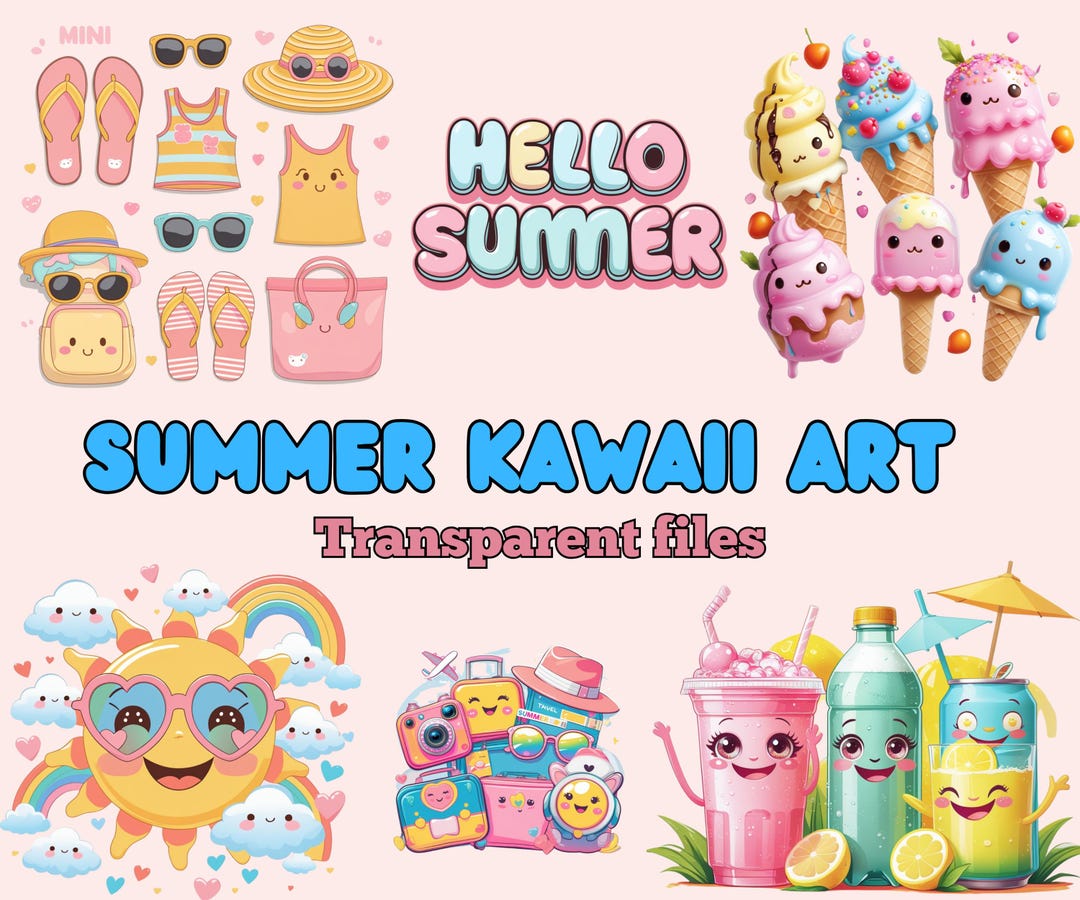Kawaii Summer Clipart Bundle Cute Beach PNG Illustrations Pastel Clip ...