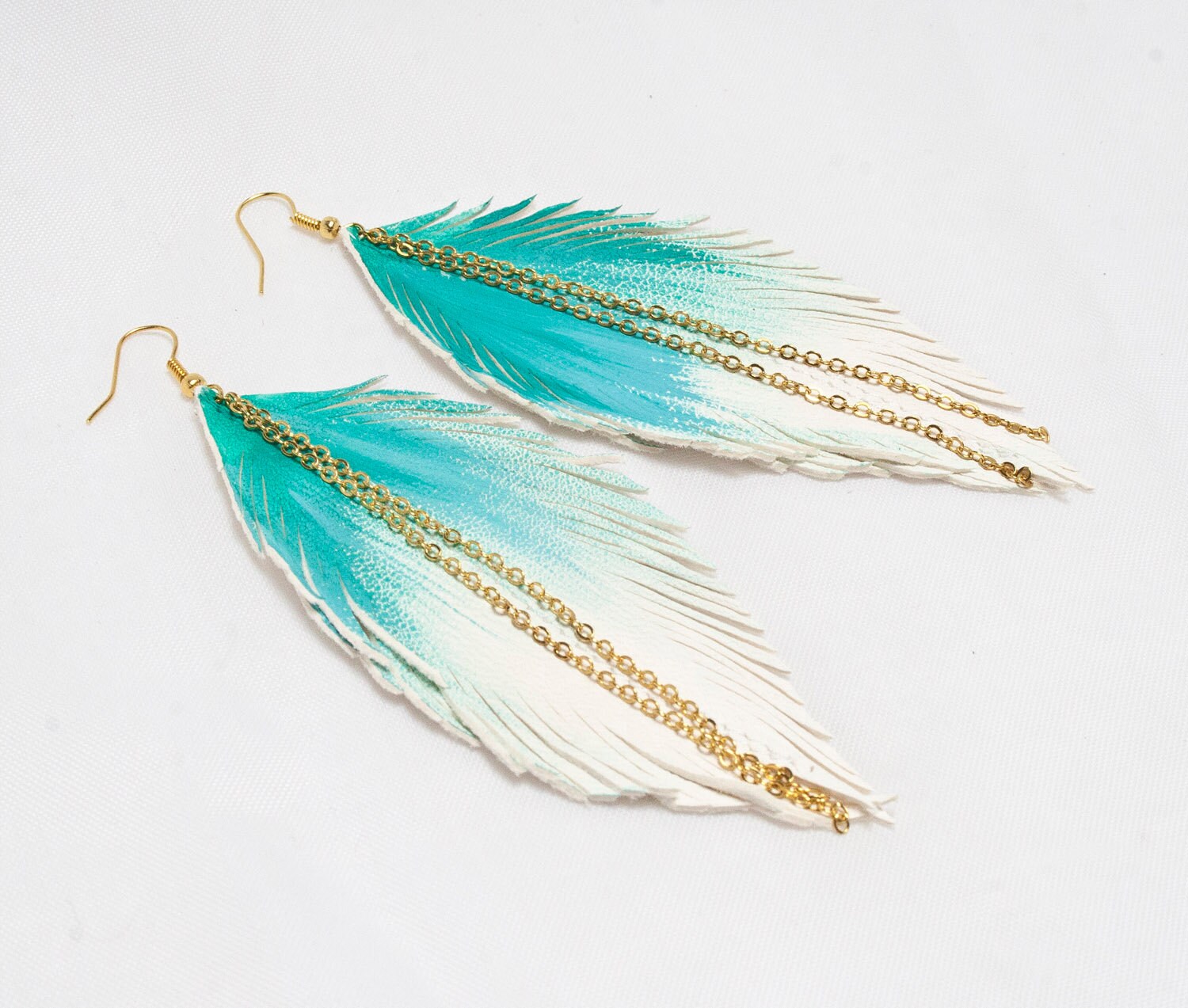 Leather Feather Earrings. White Handpainted Turquoise. Bohemian Jewelry ...