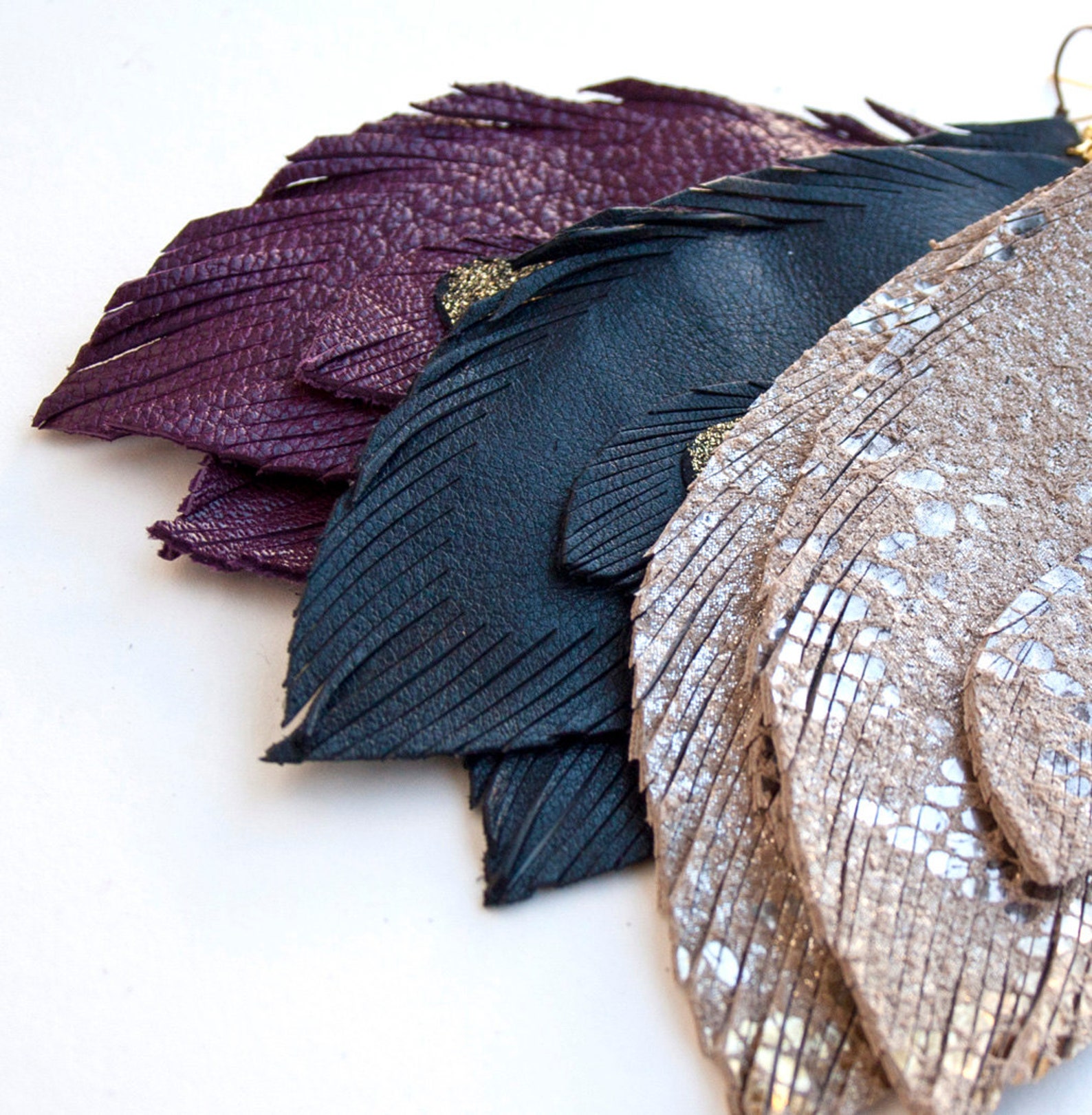 Leather Feather Earrings. Shimmery Light. Double Feather. Chain Through ...