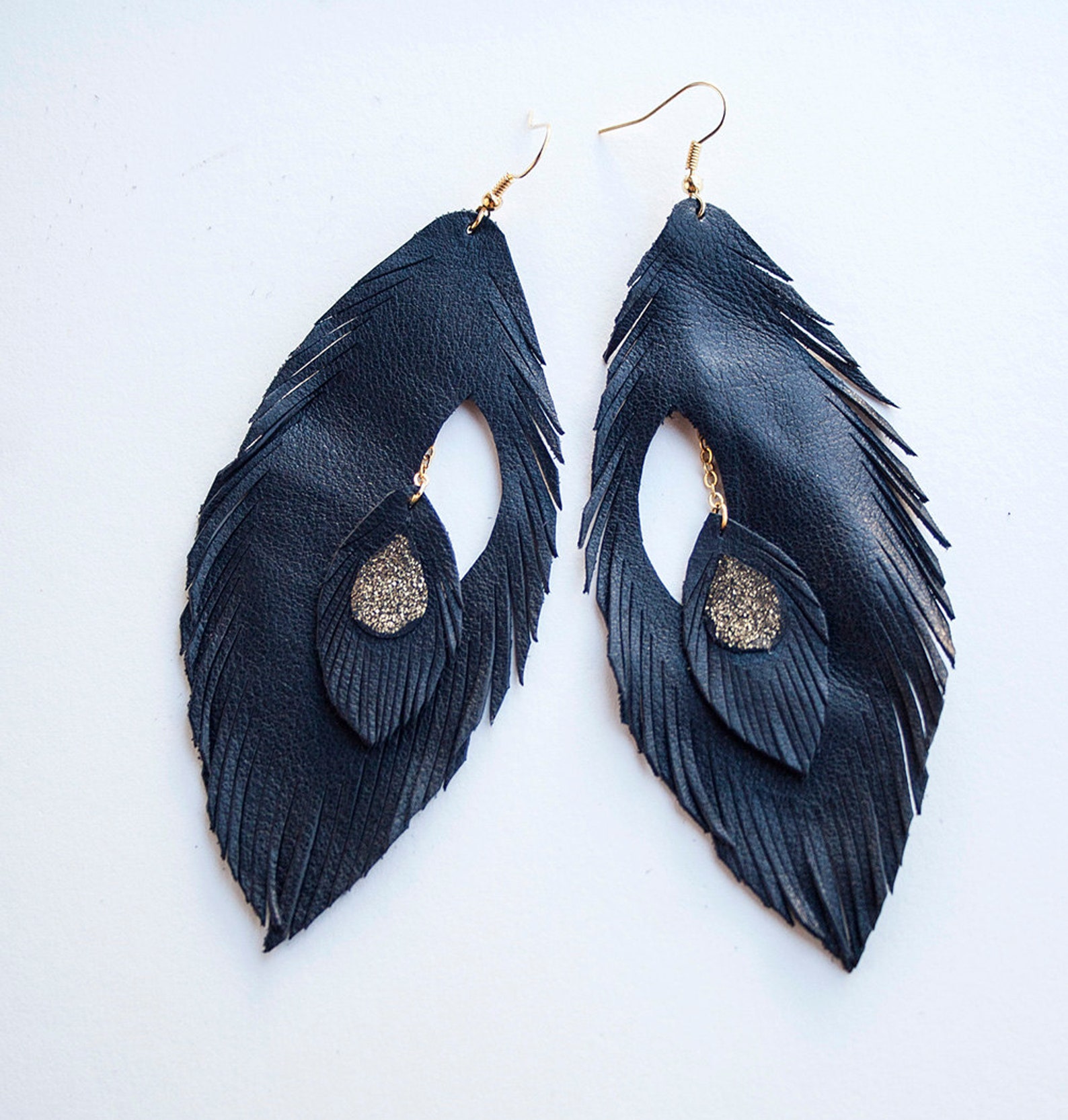 Leather Feather Earrings. Black Leather. Double Feather. Chain Through ...