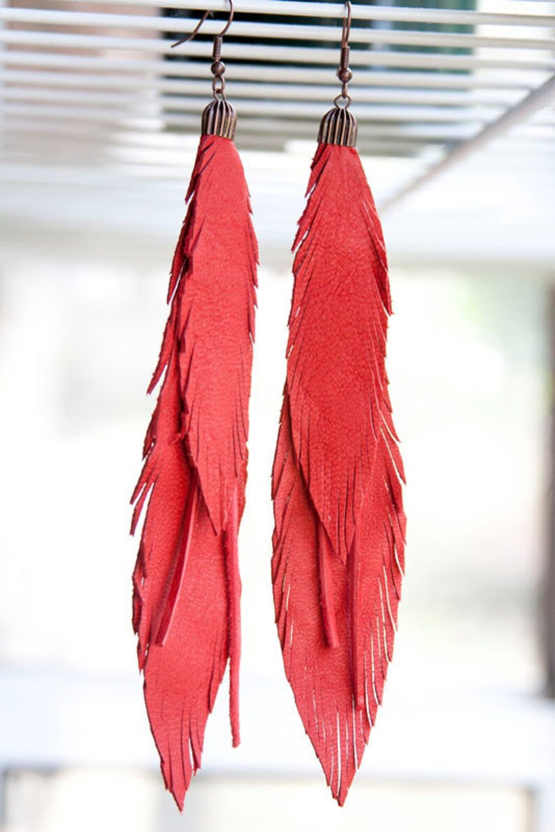 Leather Feather Earrings Bright Red. Bohemian Jewelry. - Etsy