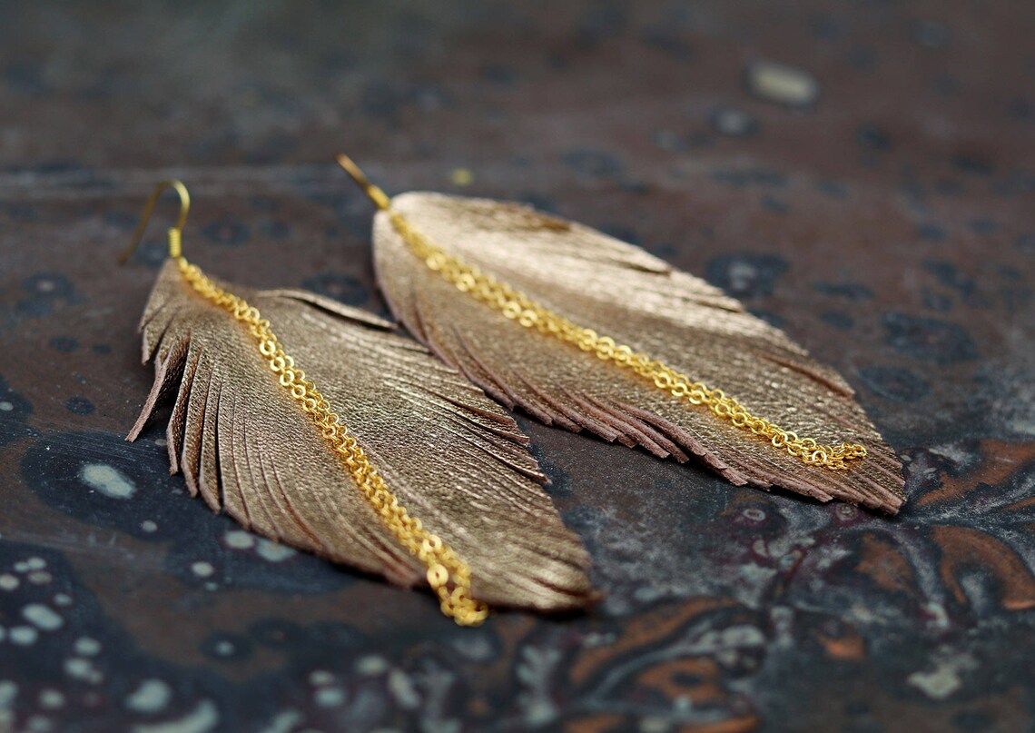 Leather Feather Earrings. Gold Feather Earrings. Gold Leaf Earrings ...