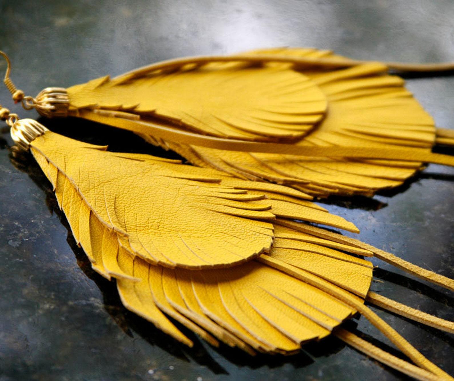 Leather Feather Earrings Sunny Yellow Unique Bohemian Style - Etsy