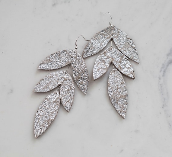 Tiered Distressed Silver Leather Feather Earrings. Bohemian - Etsy