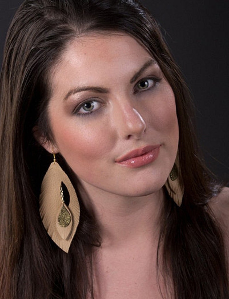 Leather Feather Earrings. Shimmery Light. Double Feather. - Etsy