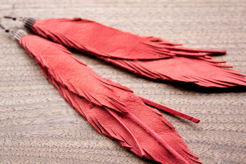 Leather Feather Earrings Bright Red. Bohemian Jewelry. - Etsy
