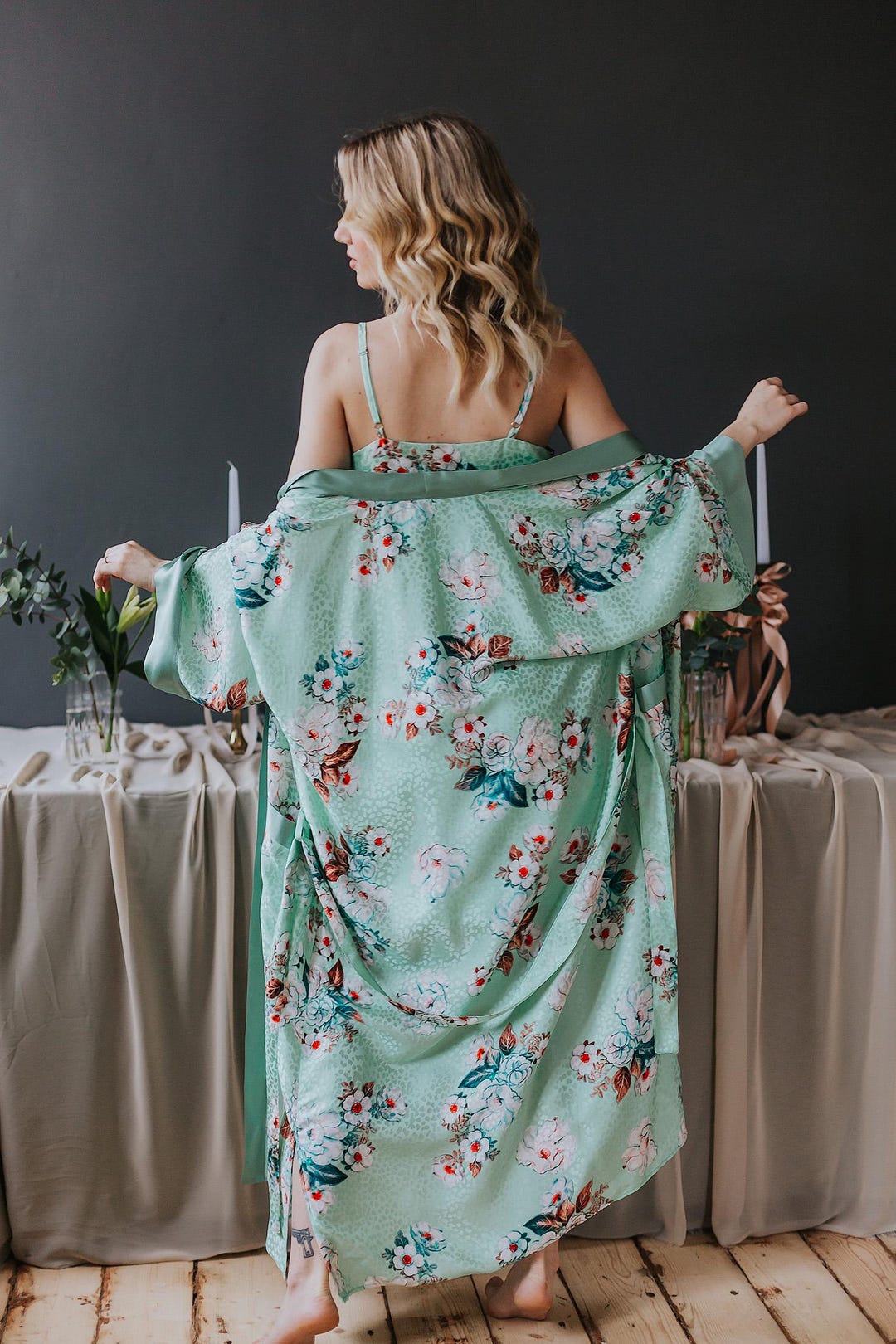 Mint Green Silk Robe for Women, Long Foral Women's Robe, Kimono Style ...
