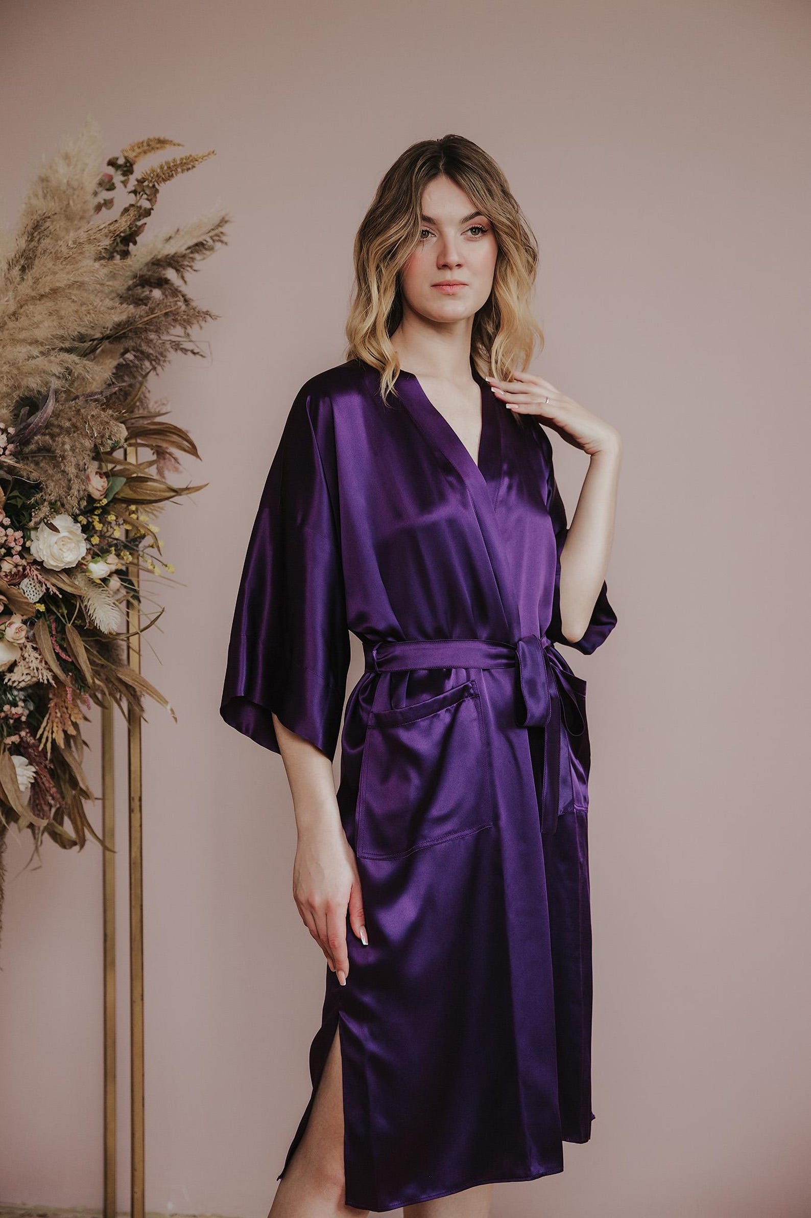 Natural Purple Silk Robe for Women, Long Purple Women's Robe, Kimono ...
