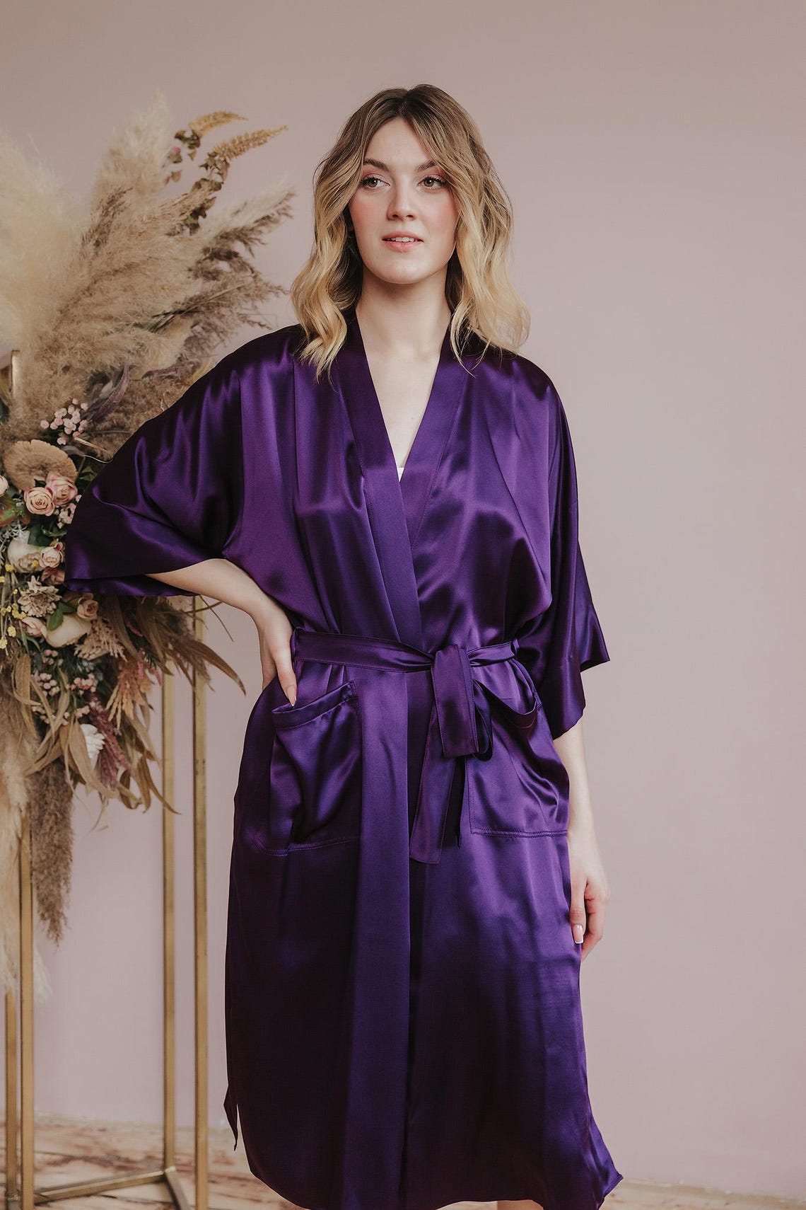 Natural Purple Silk Robe for Women, Long Purple Women's Robe, Kimono ...