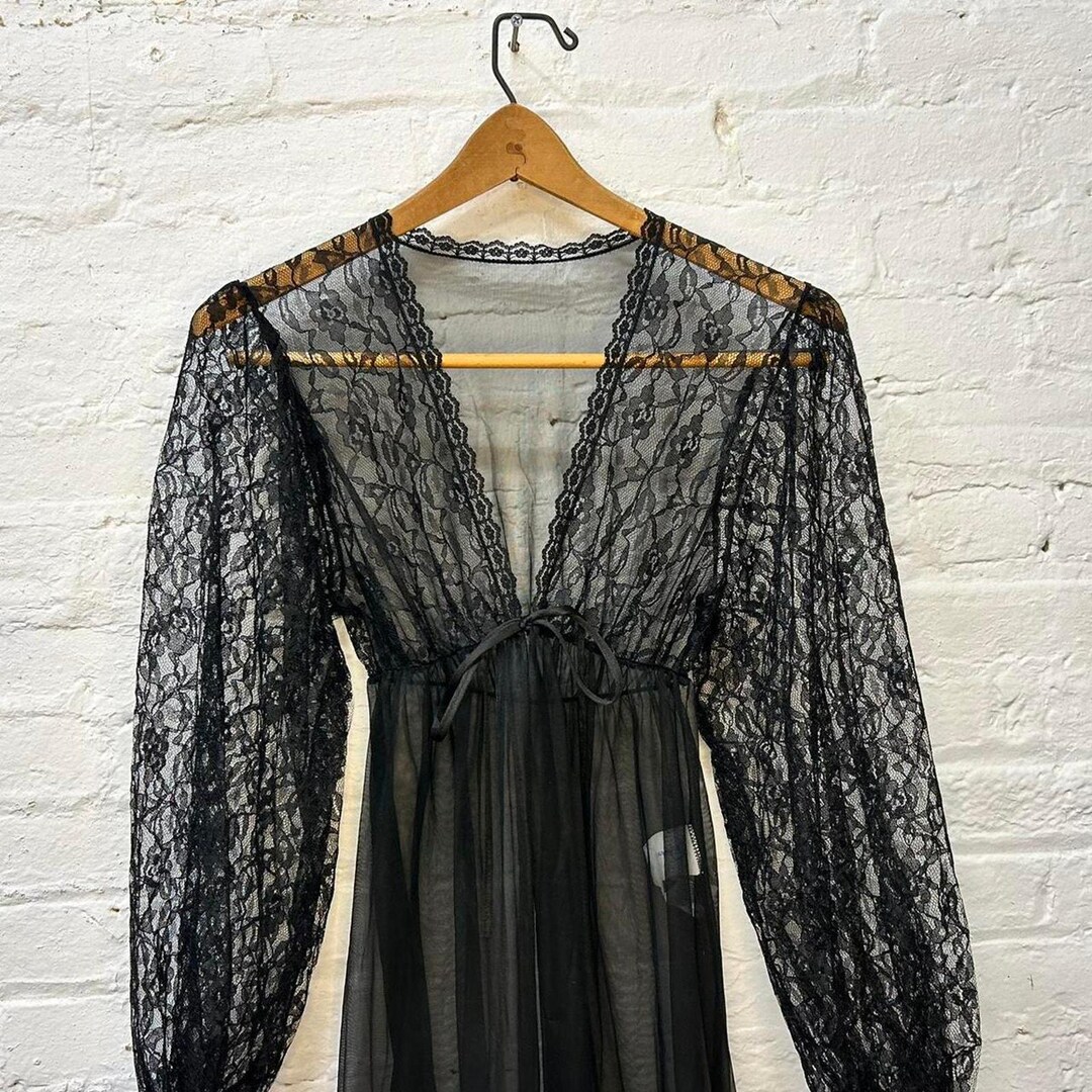 Vintage Black Sheer Lace Robe M - Etsy