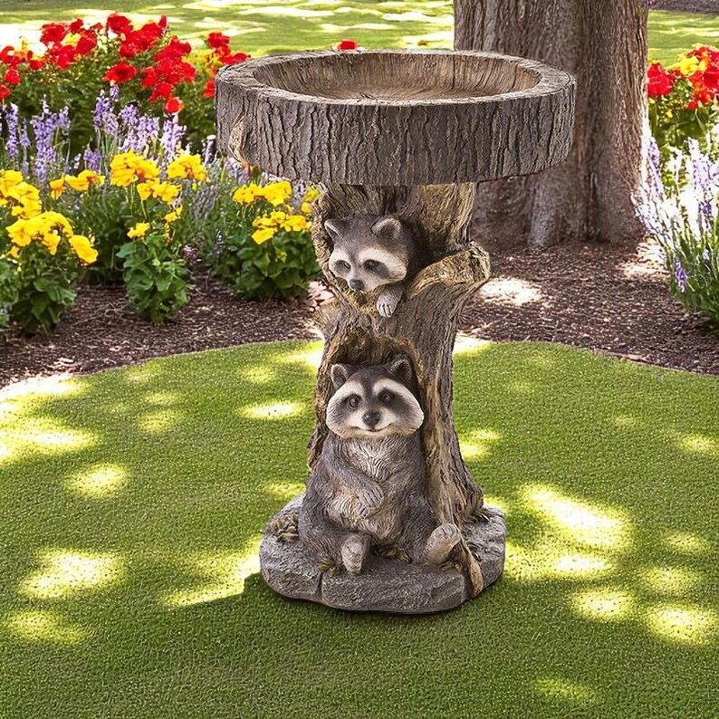 Resin Raccoon Tree Garden Ornament – Outdoor Bird Bath and Drinking ...