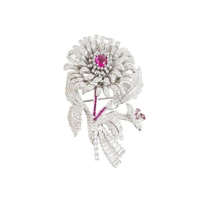 Nature Inspired Flower Brooch Pin, Ruby Cabochon CZ Stone Floral Motif ...