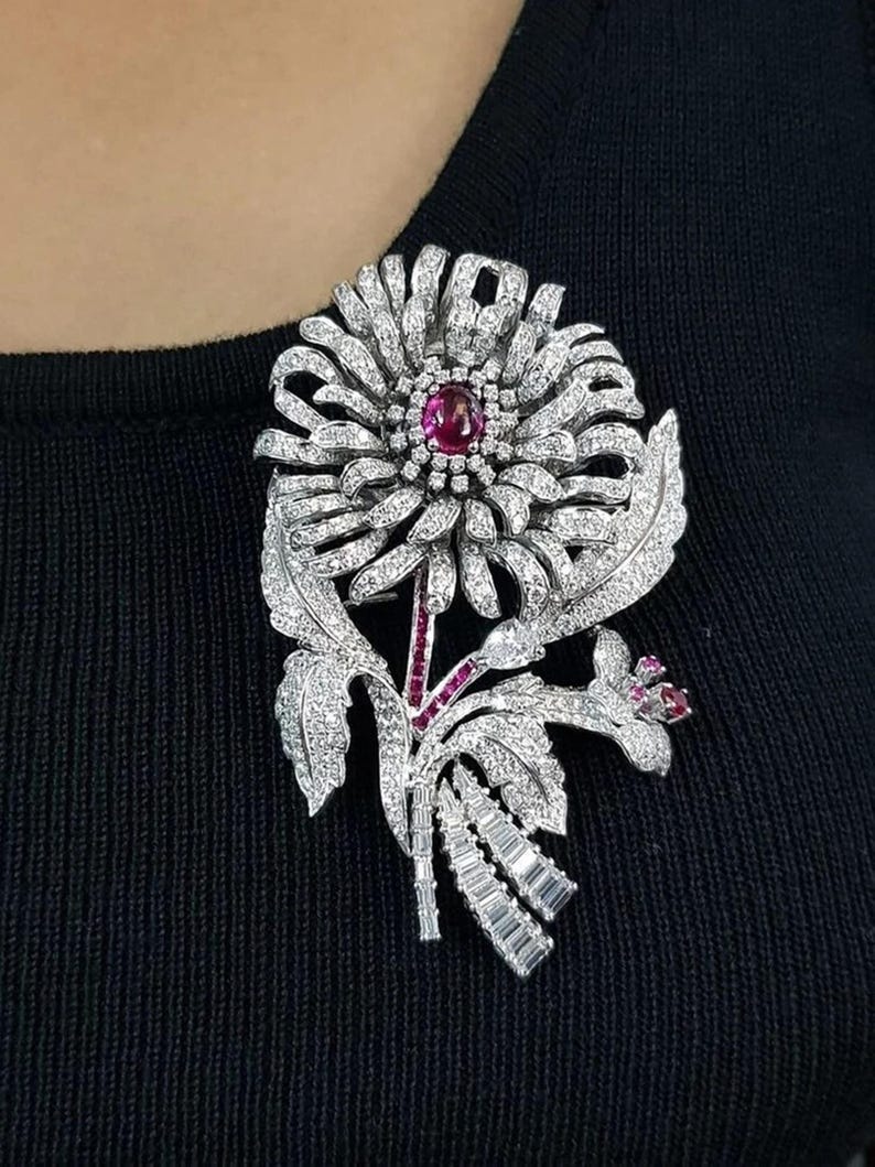 Nature Inspired Flower Brooch Pin, Ruby Cabochon CZ Stone Floral Motif ...