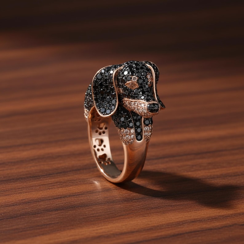 Dachshund Dog Ring, Round Cut CZ Stone Dog Ring, Gift for Dog Lover ...