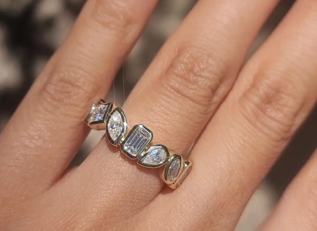 Bezel Set Eternity Band Ring, Seven Stone Wedding Band, Multi Shape ...