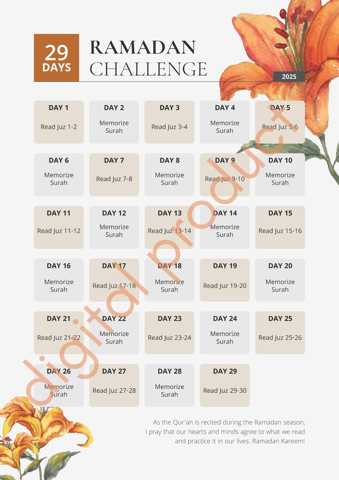 29-day Ramadan Challenge Planner | Quran Reading & Memorization Tracker ...