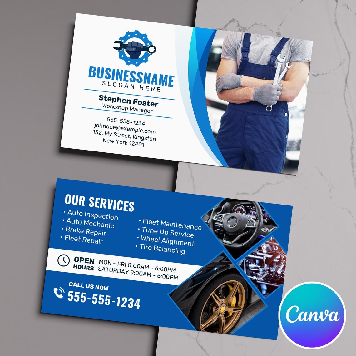 Auto Detailing Business Card Template – Modern Mechanic Branding (canva ...