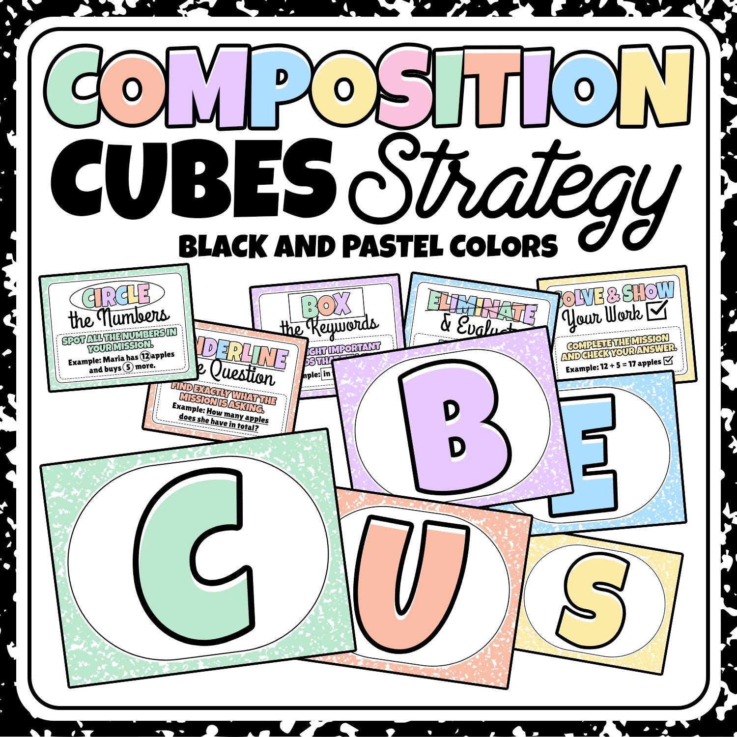 CUBES Math Strategy Posters & Bookmark: Pastel Composition Notebook ...