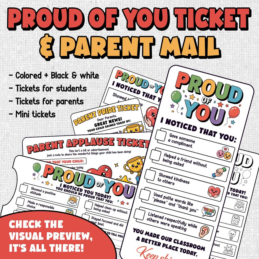 Proud of You Ticket Parent Mail, Positive Behavior Parent Notes, Reward ...
