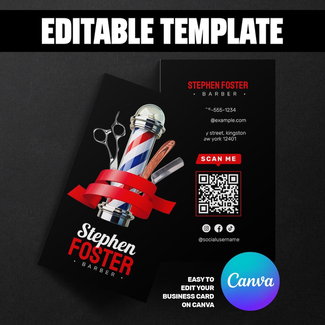 Modern Barber Business Card Template • Editable Canva Design • Vertical ...