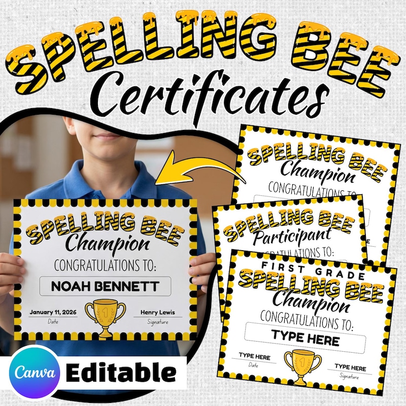 Spelling bee certificate template - Etsy México