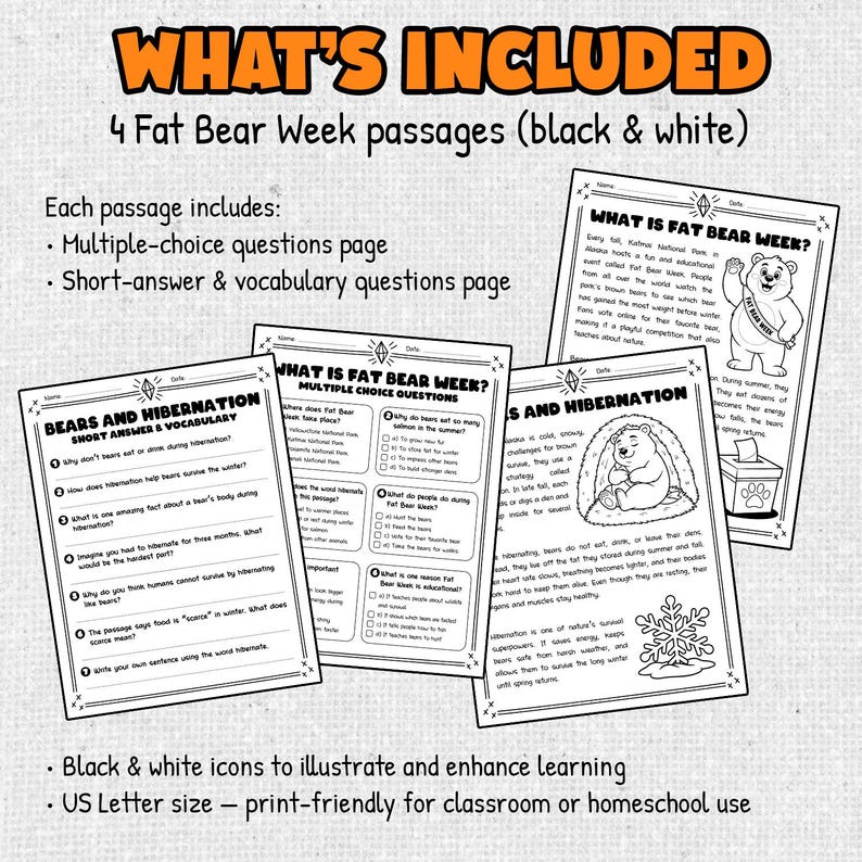 Fat Bear Week Reading Comprehension Passages and Questions – Printable ...