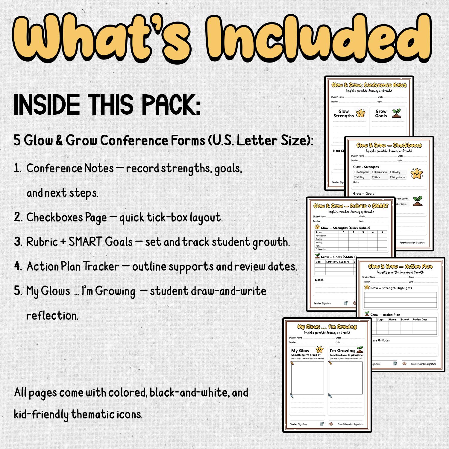 Glow and Grow Conference Form Pack– Teacher Notes, Writing Rubric ...