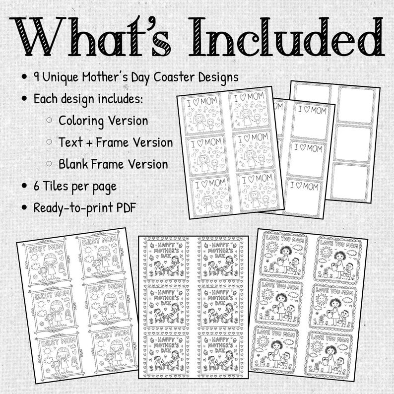 Mother's Day Tile Coaster Craft: Coloring Templates (digital Download ...