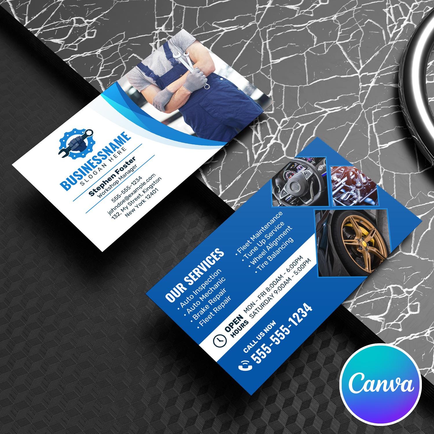 Auto Detailing Business Card Template – Modern Mechanic Branding (canva ...