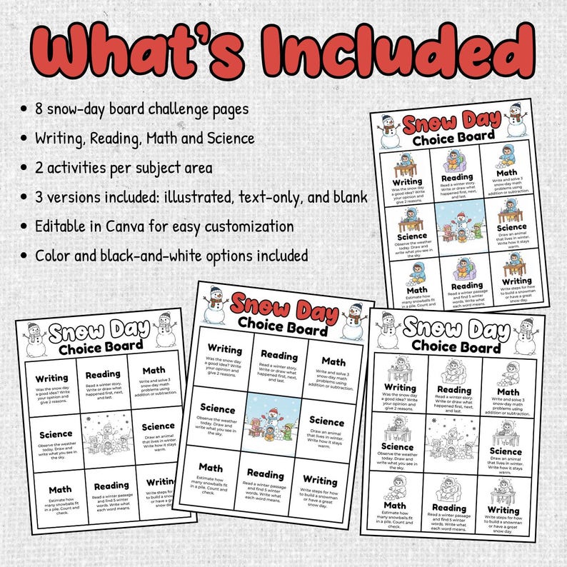 Editable Snow Day Choice Board, Winter Activities | Reading Writing ...