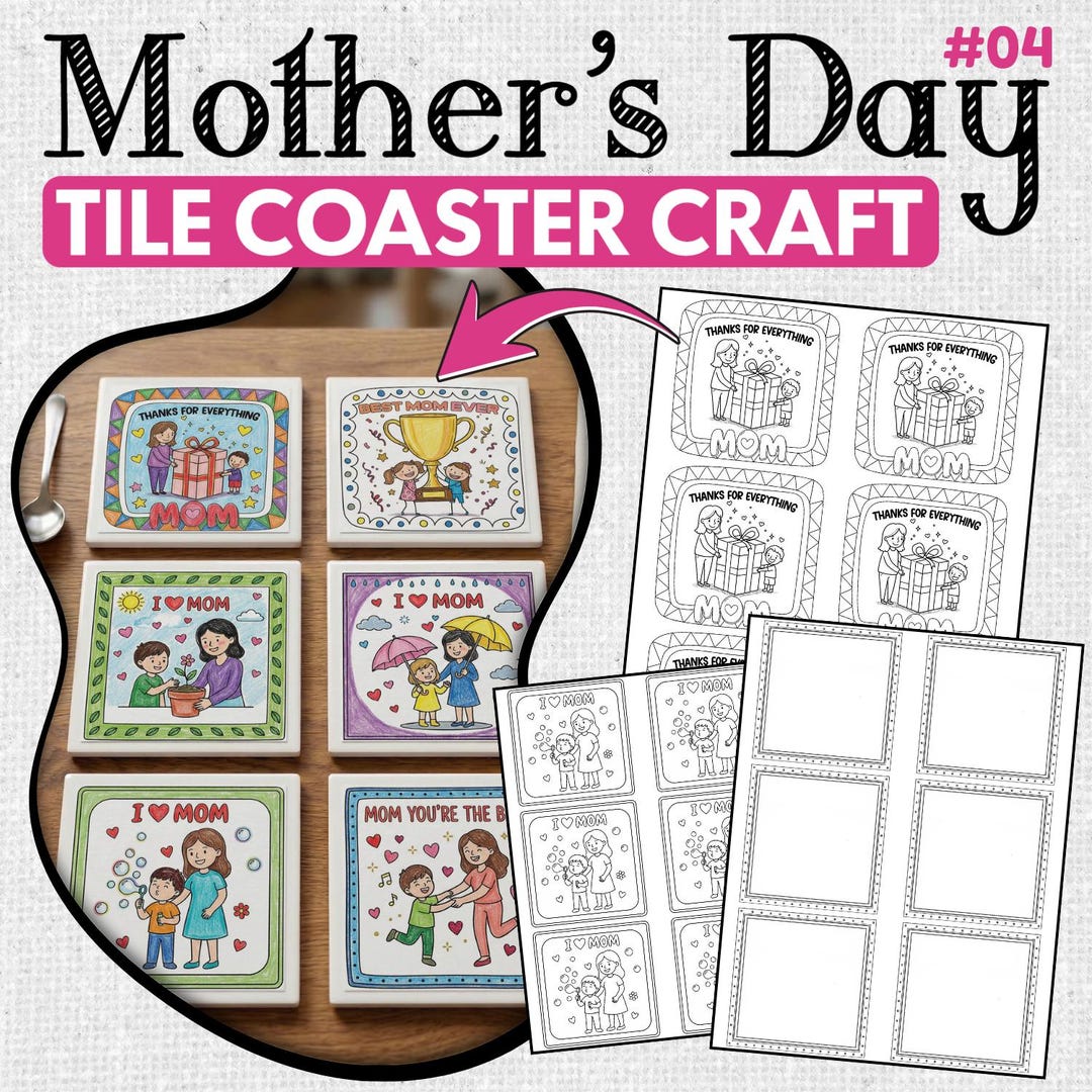 Mother's Day Tile Coaster Coloring Pages: Gift Craft Activity (digital ...