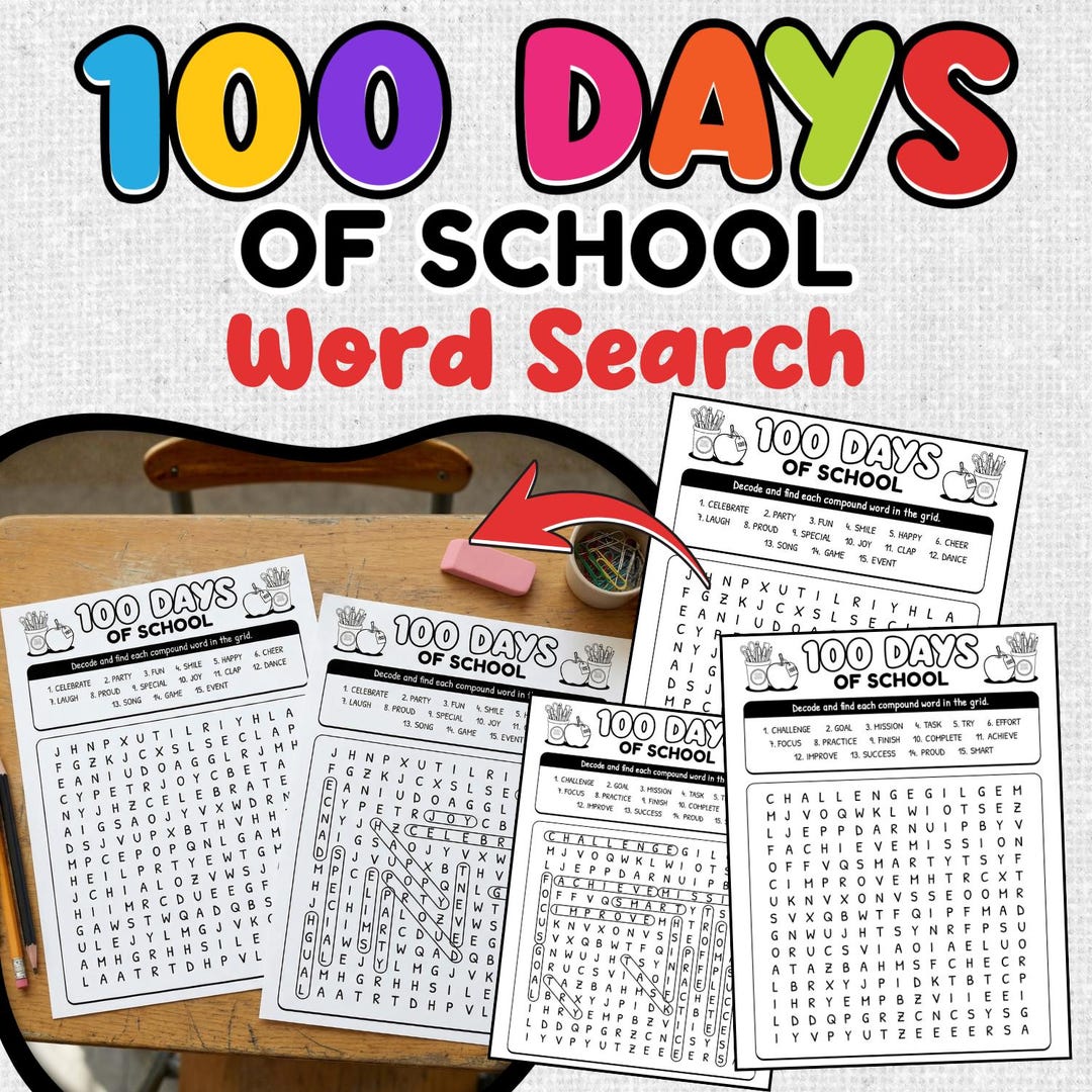 100th Day of School Word Search | 100 Days of School Activities ...