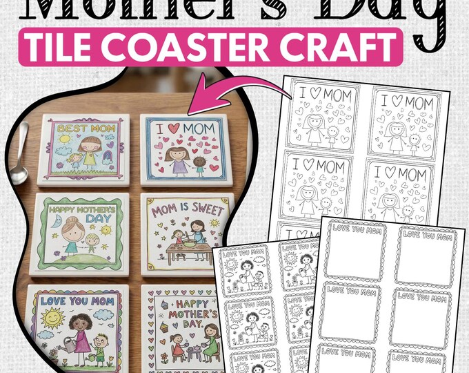 Mother's Day Tile Coaster Craft: Coloring Templates (digital Download ...