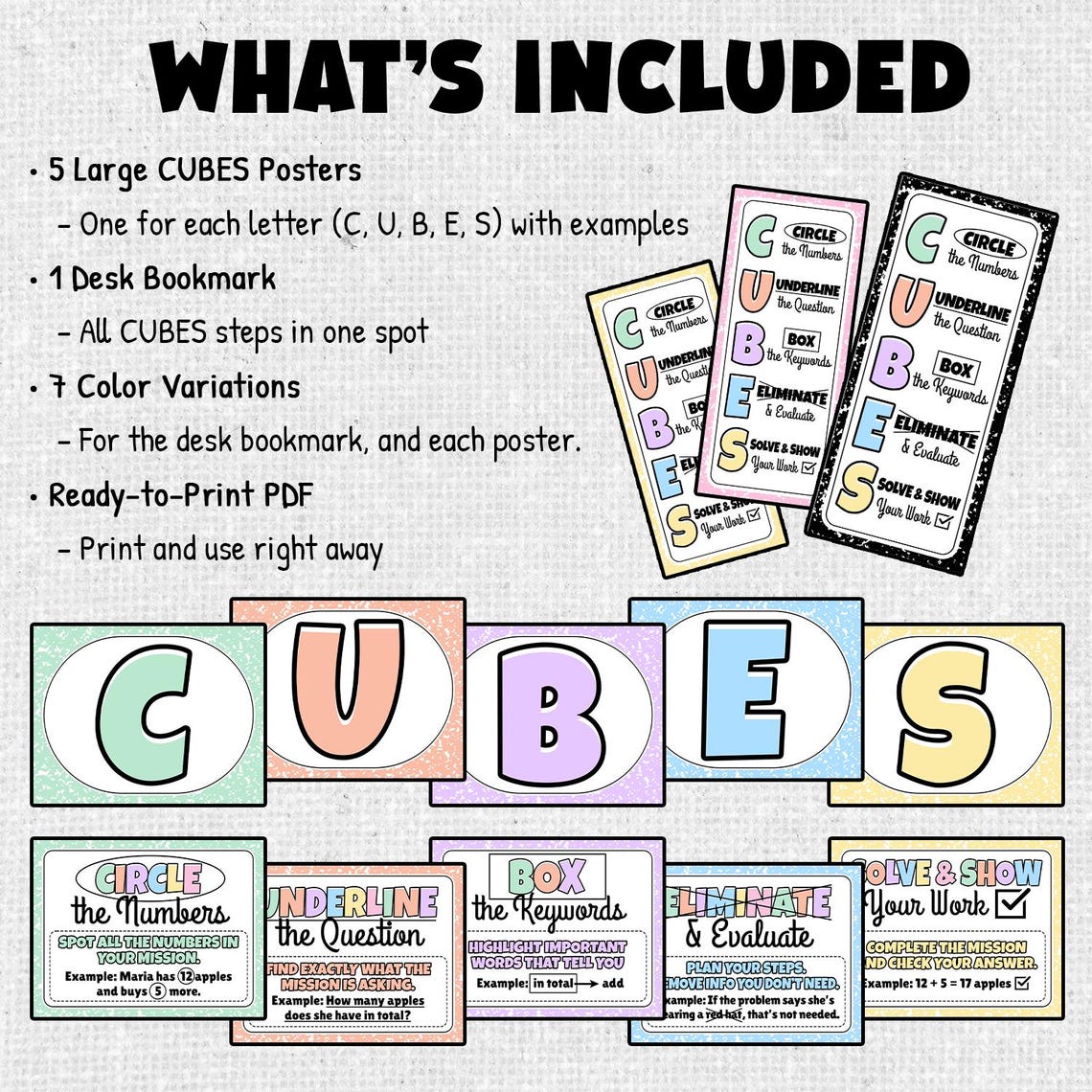 CUBES Math Strategy Posters & Bookmark: Pastel Composition Notebook ...