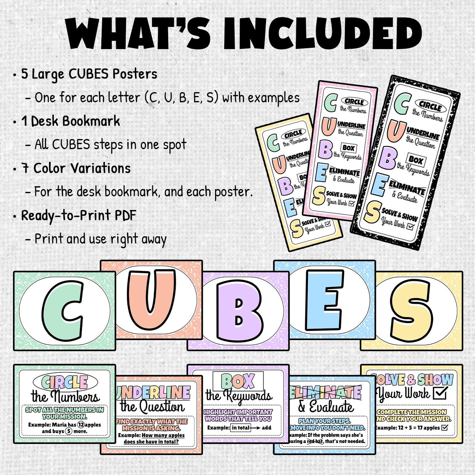 CUBES Math Strategy Posters & Bookmark: Pastel Composition Notebook ...