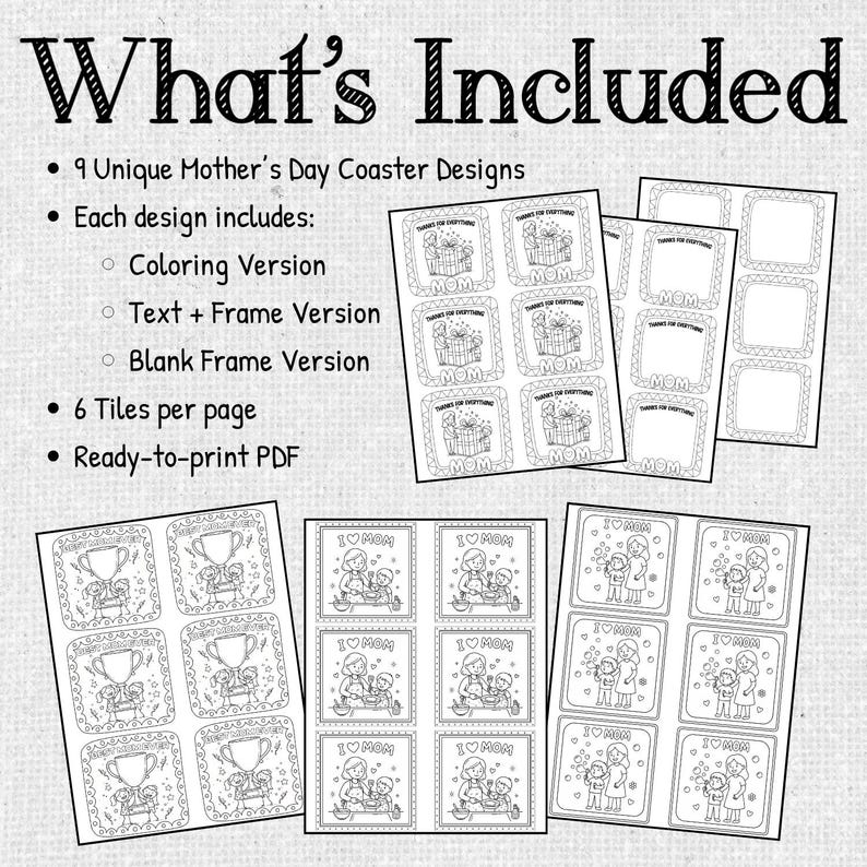 Mother's Day Tile Coaster Coloring Pages: Gift Craft Activity (digital ...
