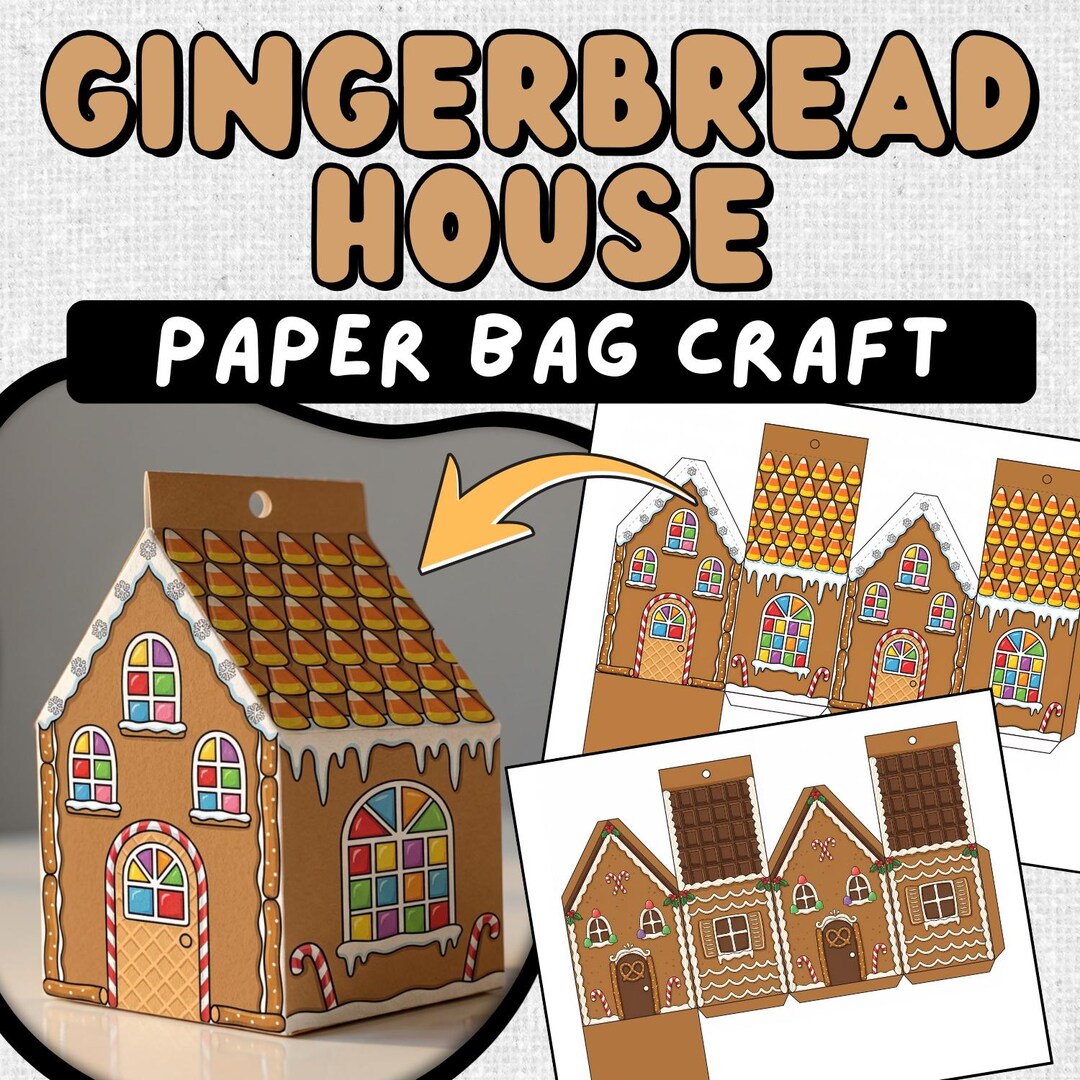 Gingerbread House Paper Bag Craft Coloring | December Bulletin Board ...