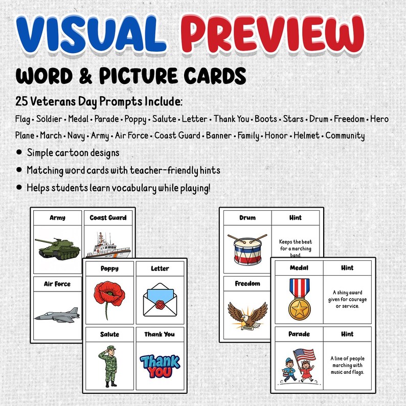 Veterans Day Bingo Game – Boards With Patriotic Vocabulary & Picture ...